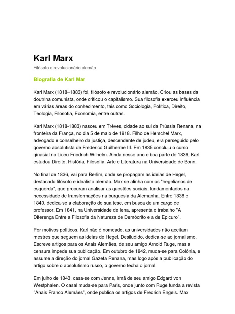 Karl Marx Resumo Da Biografia | PDF | Socialismo | Karl Marx