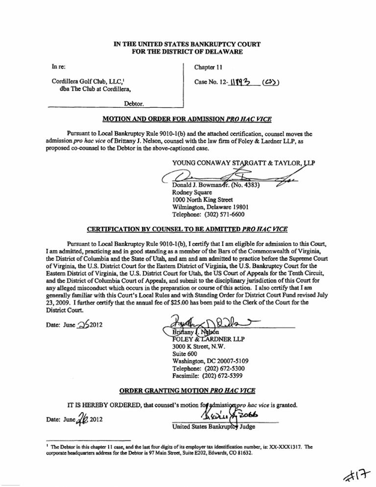 Pro Hac Vice Admission Motion for Counsel | PDF