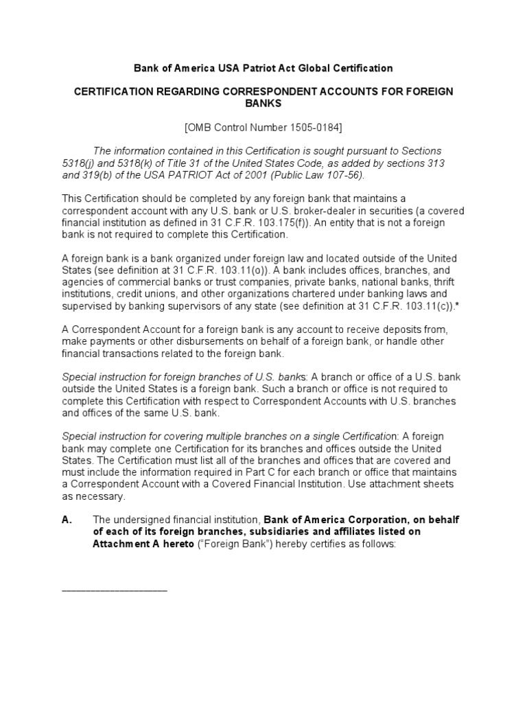 2003 Patriot Act Certification For Bank of America | PDF | Patriot Act ...