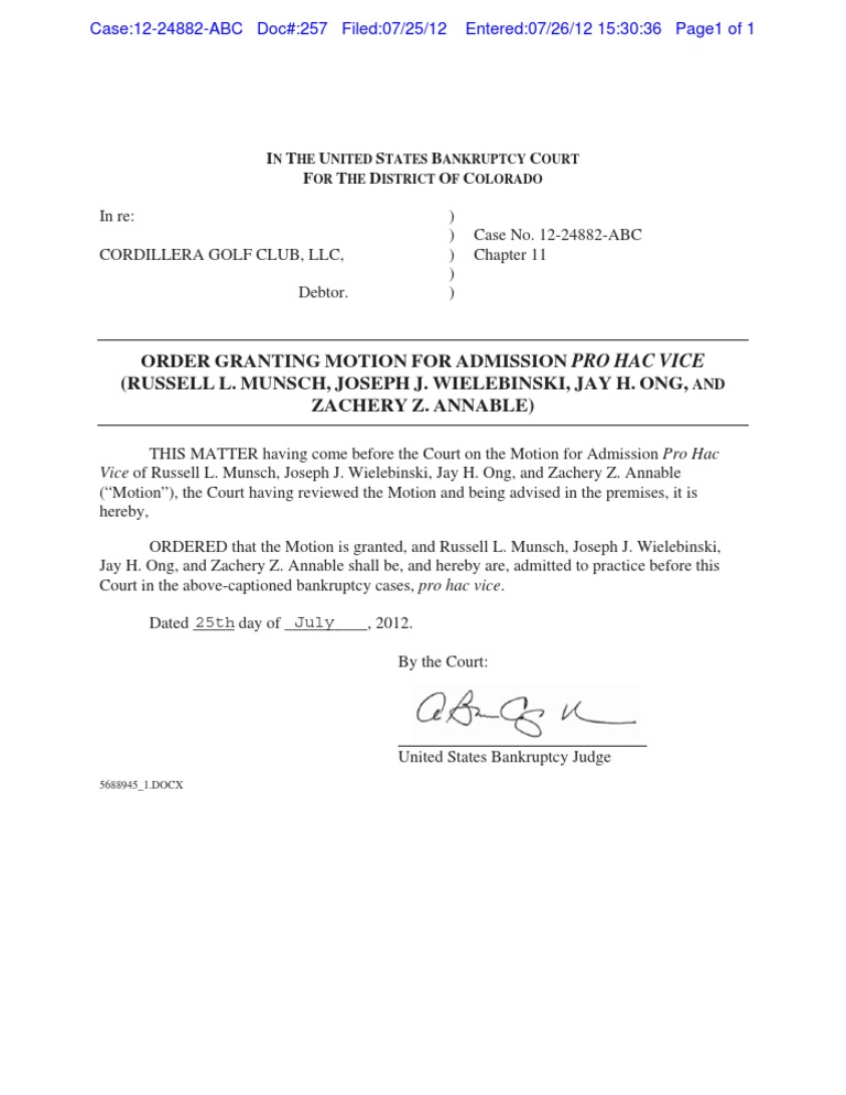 Order Granting Motion For Admission Pro Hac Vice (Russell L. Munsch ...