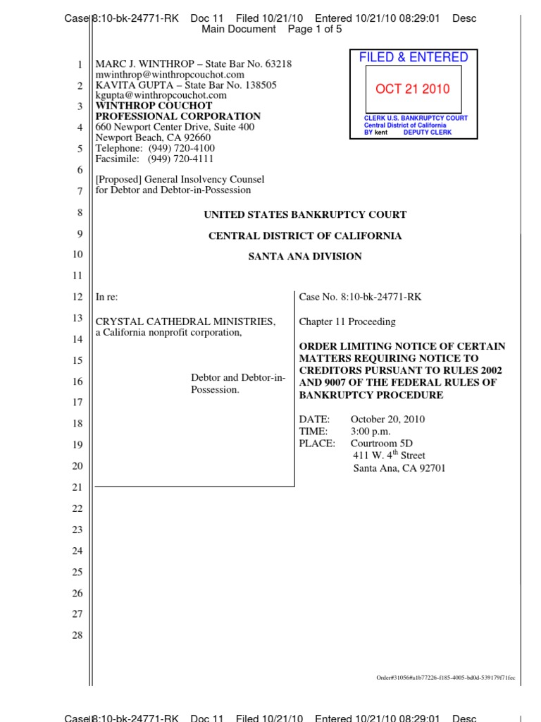 Filed & Entered: Clerk U.S. Bankruptcy Court Central District of ...