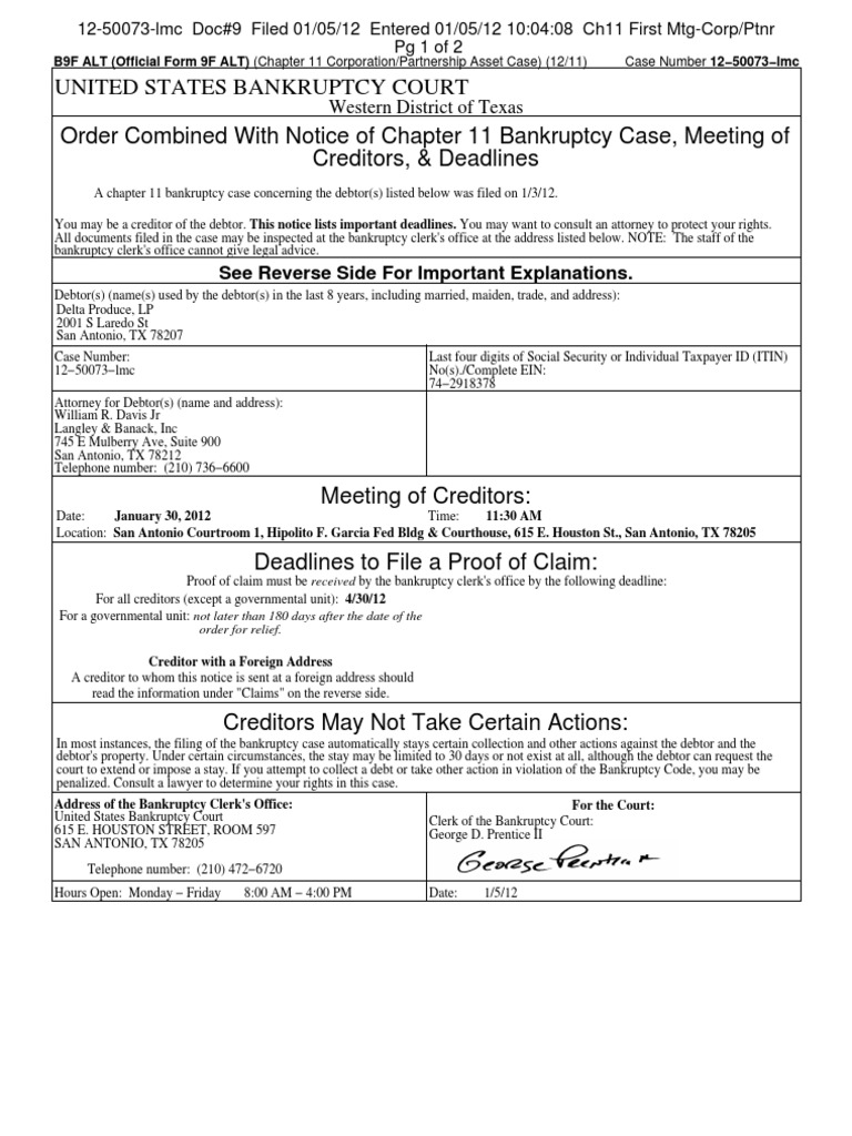 Order Combined With Notice of Chapter 11 Bankruptcy Case, Meeting of ...