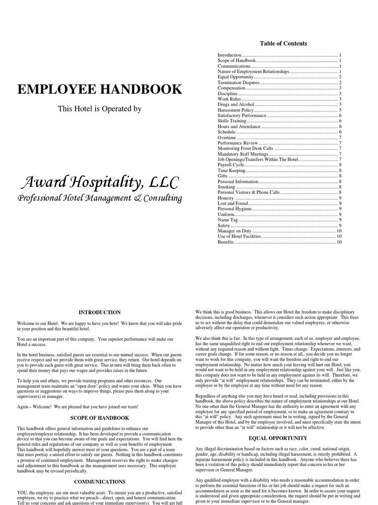 Award Hospitality Employee Handbook | PDF | Family And Medical Leave ...