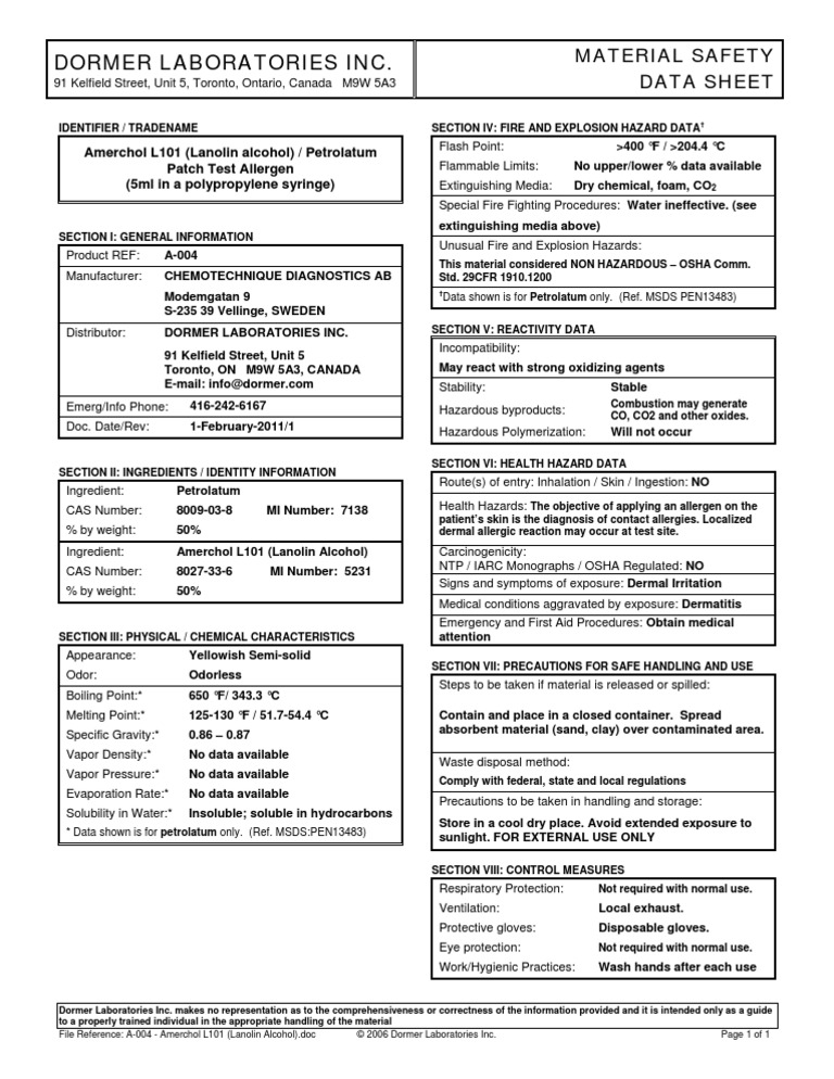Amerchol L101 | PDF | Allergy | Chemical Substances
