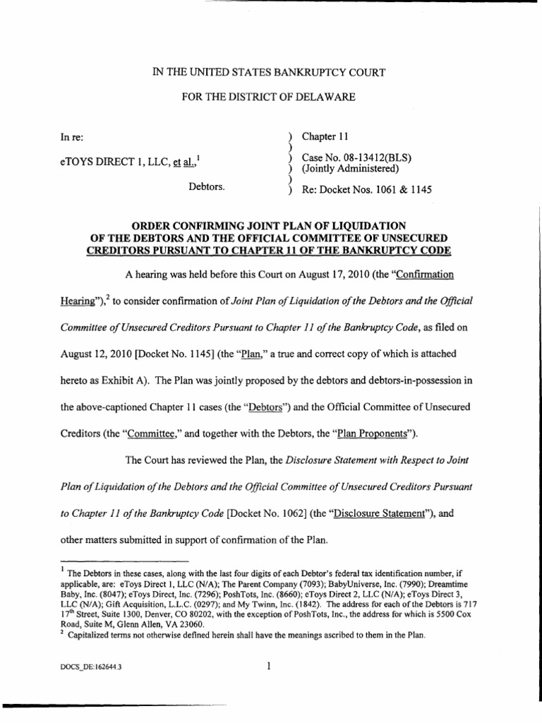 Order Confirming Joint Plan of Liquidation of The Debtors and The ...