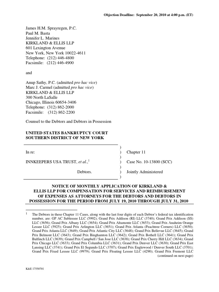 Kirkland & Ellis Fee Application Notice | PDF | Bankruptcy | Insolvency
