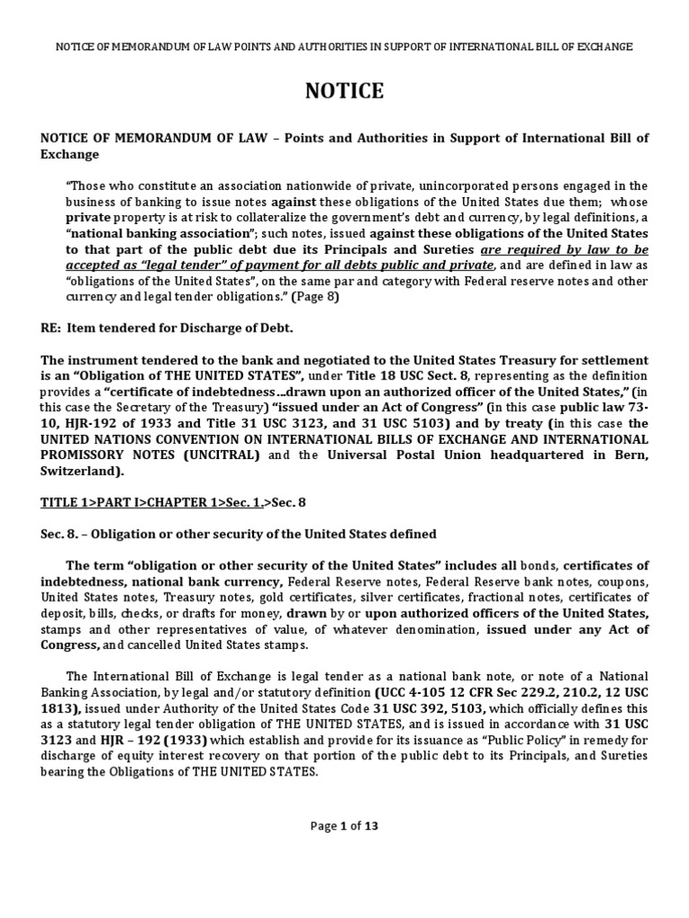 Memorandum of Law | Legal Tender | Banks