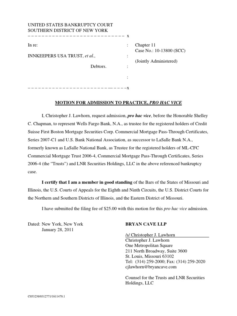 Motion For Admission To Practice, Pro Hac Vice | PDF | Bankruptcy ...