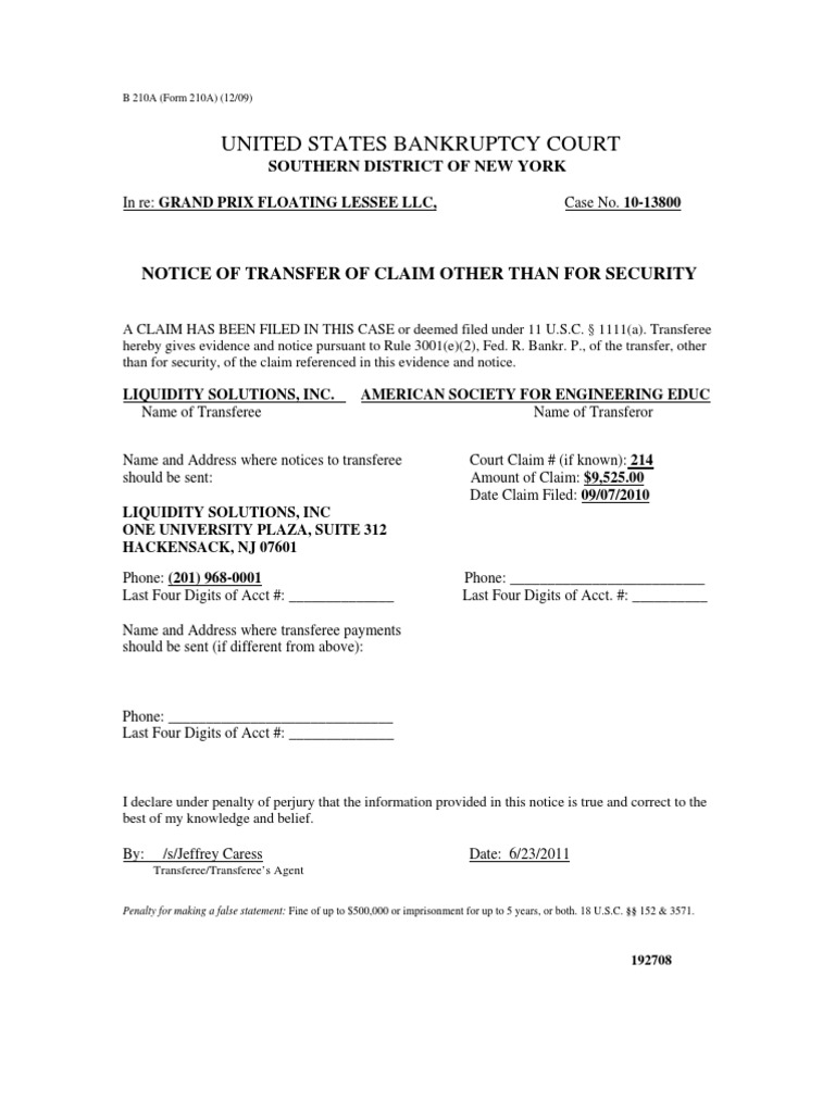 United States Bankruptcy Court: Notice of Transfer of Claim Other Than ...
