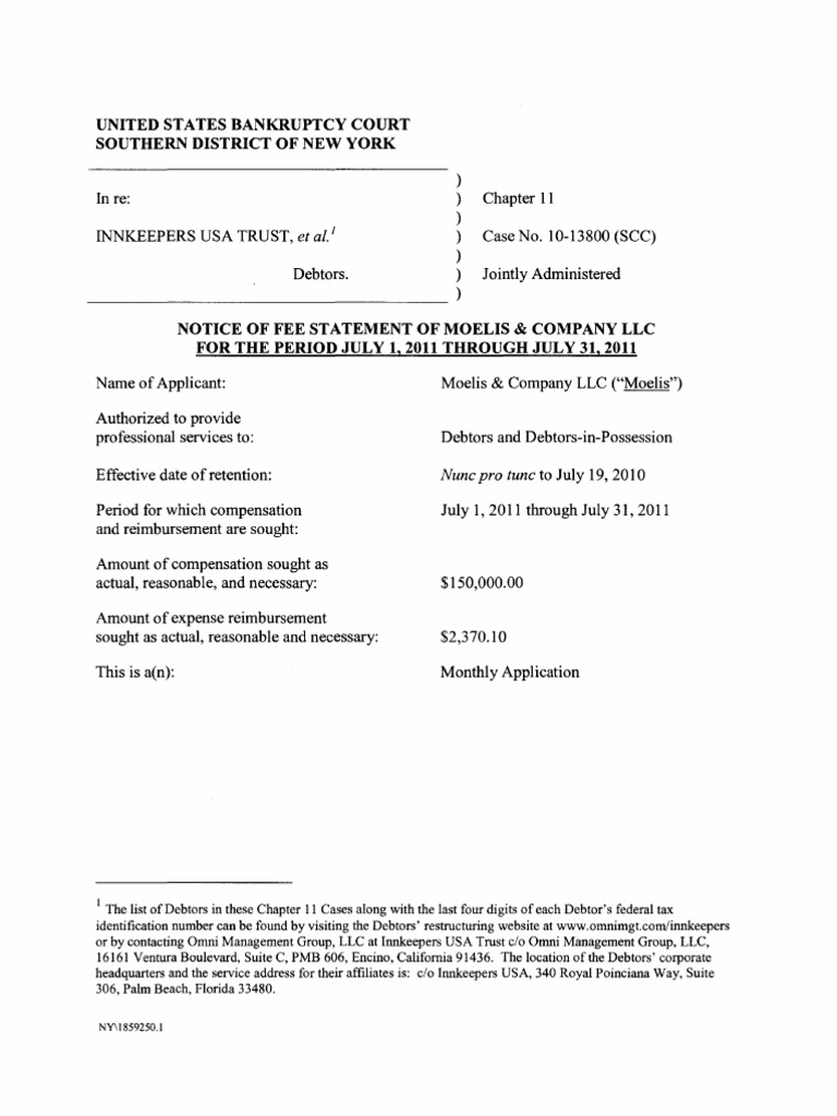 Moelis & Company Fee Statement July 2011 | PDF | Chapter 11 | Business Law