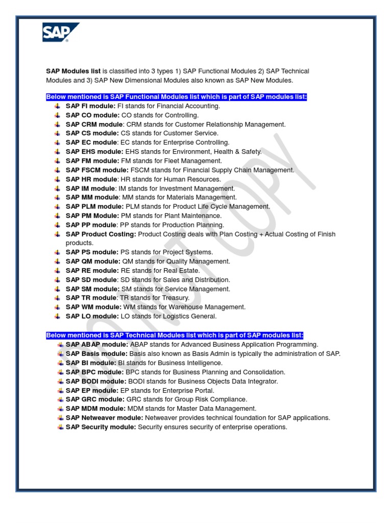 SAP Modules list | Sap Se | Supply Chain Management