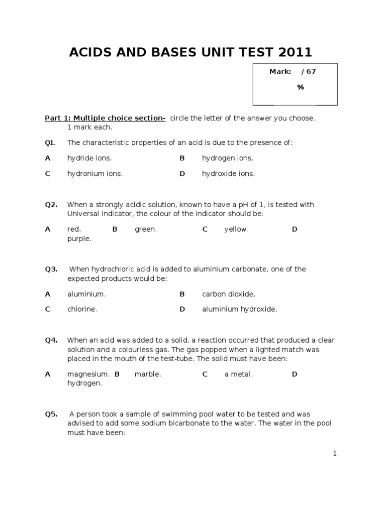 Acids and Bases Unit Test 2011 | PDF | Acid | Hydroxide