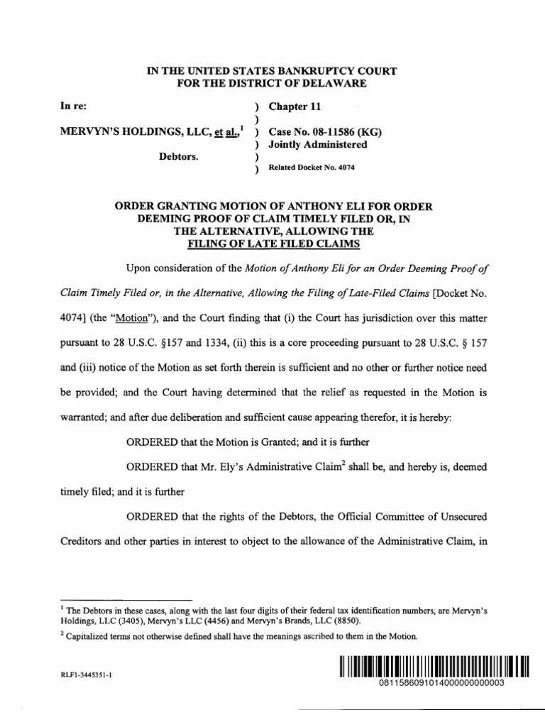 Mervyn's Bankruptcy Claim Order | PDF