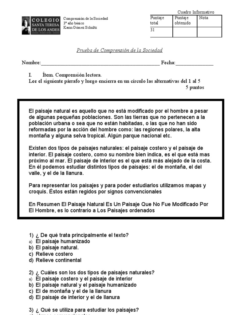 Prueba de Comprensión de La Sociedad Tipos de Relieves | PDF | Costa ...