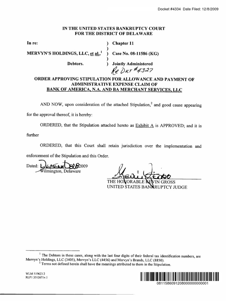 Mervyn's Bankruptcy Claim Approval Order | PDF | Finance & Money Management