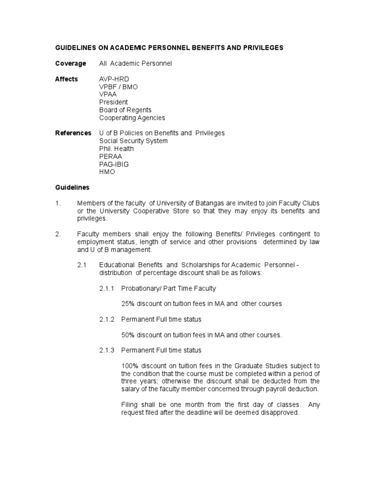 Guidelines On Academic Personnel Benefits and Privileges | PDF | Health ...