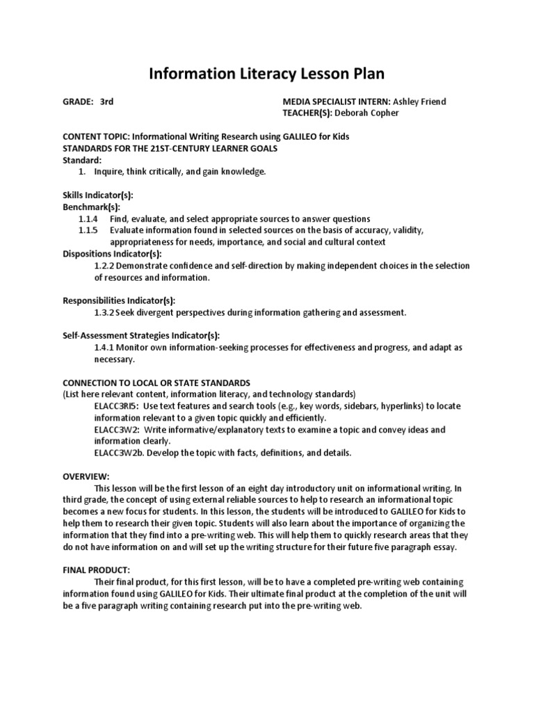 Information Literacy Lesson Plan | Information Literacy | Lesson Plan
