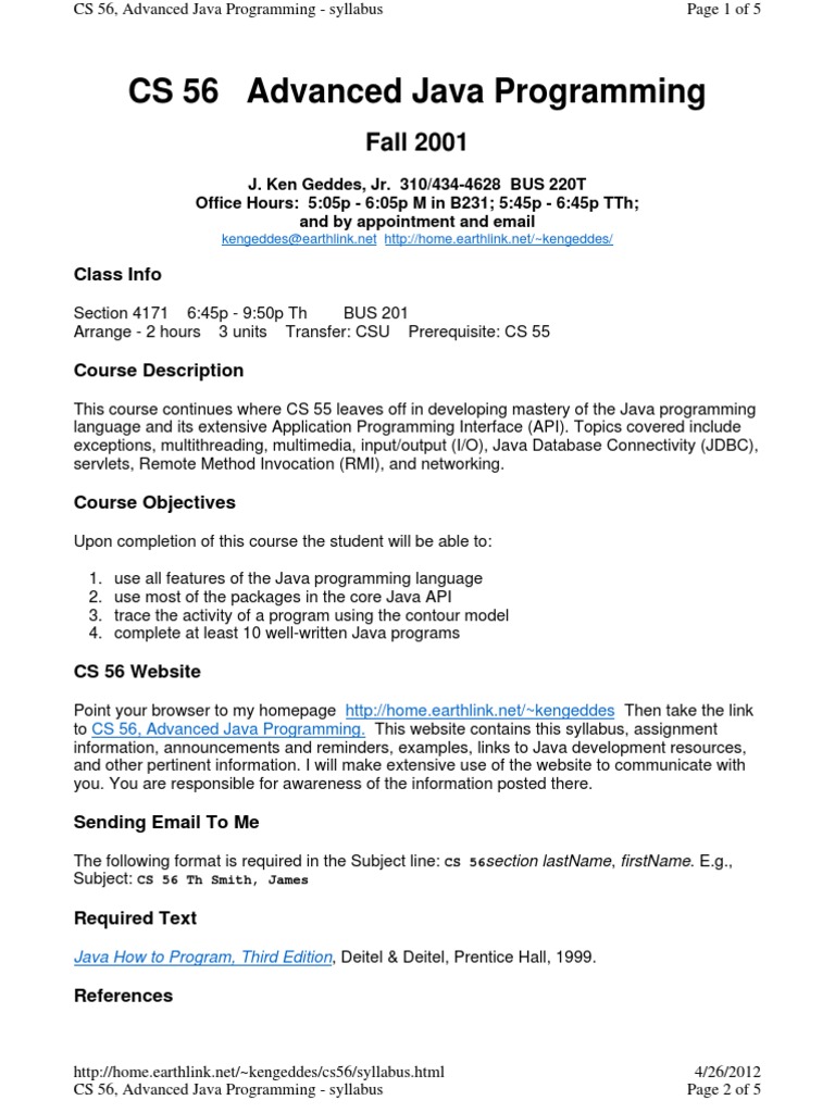 CS56 Advanced Java Programming | PDF | Homework | Java (Programming ...