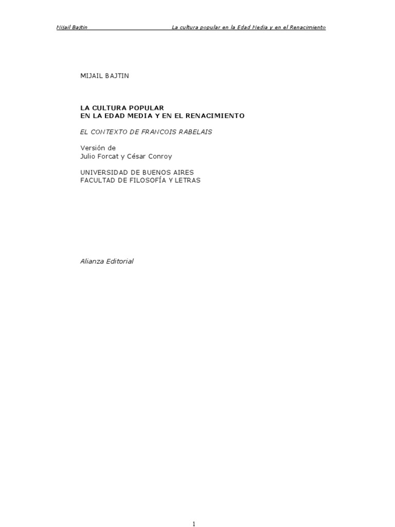 Bajtín - La Cultura Popular en La Edad Media y en El Renacimiento | PDF | La risa | Carnaval
