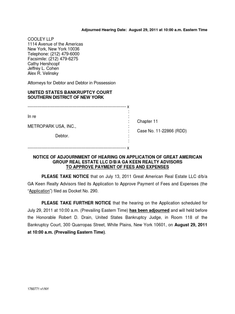 Adjourned Hearing Date: August 29, 2011 at 10:00 A.M. Eastern Time ...