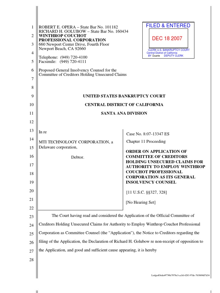 Bankruptcy Order for MTI Technology Counsel | PDF