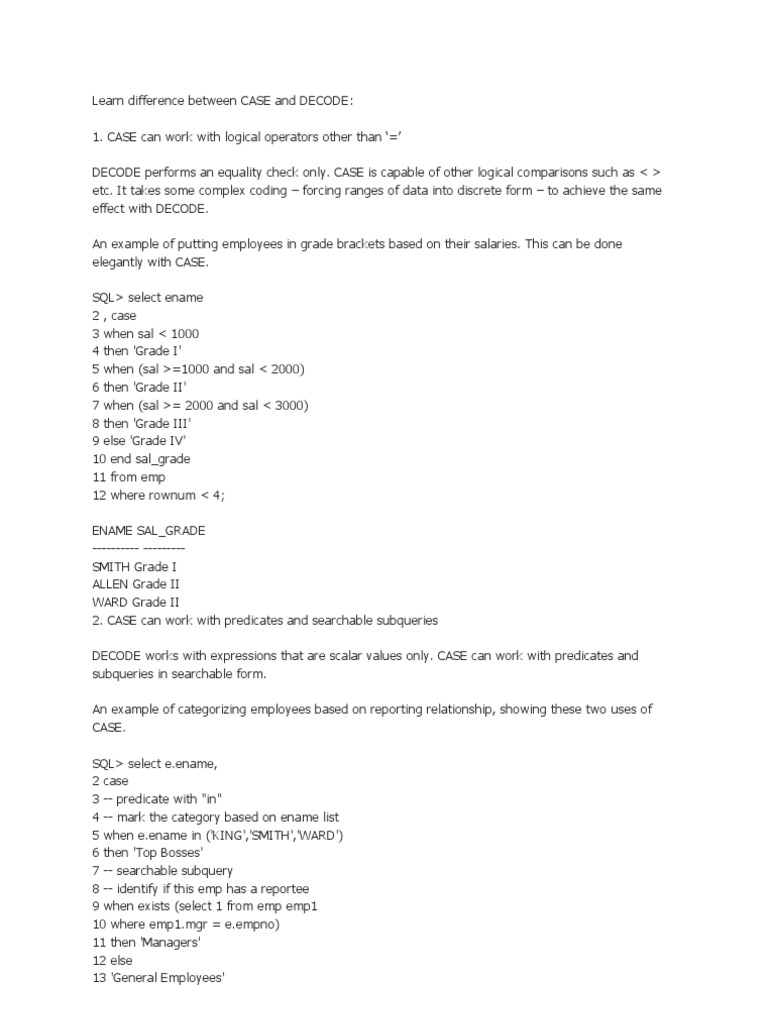 Difference Between Case And Decode Pdf Pl Sql Sql