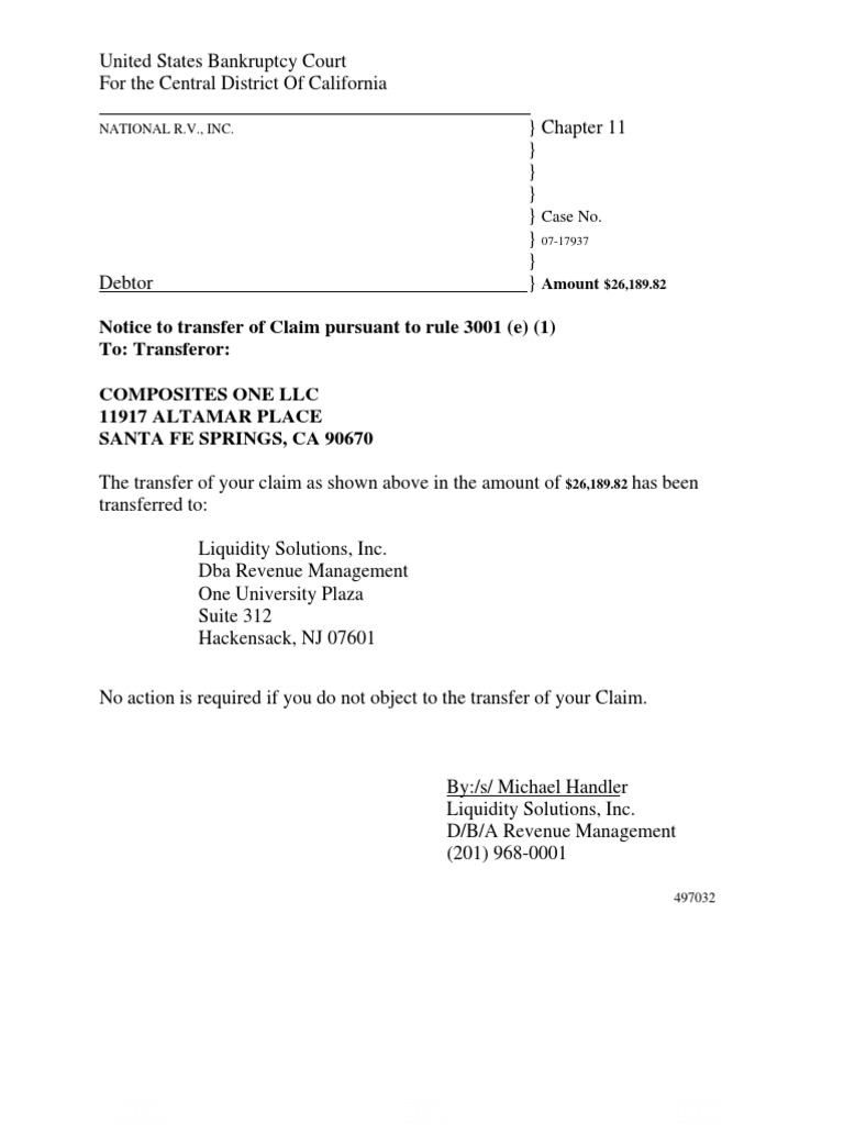Notice To Transfer of Claim Pursuant To Rule 3001 (E) (1) To ...