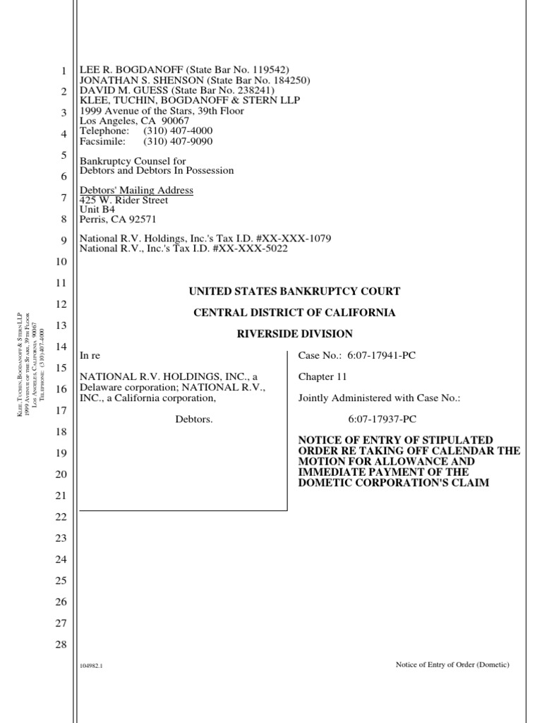 Notice of Bankruptcy Order for Dometic | PDF | Law