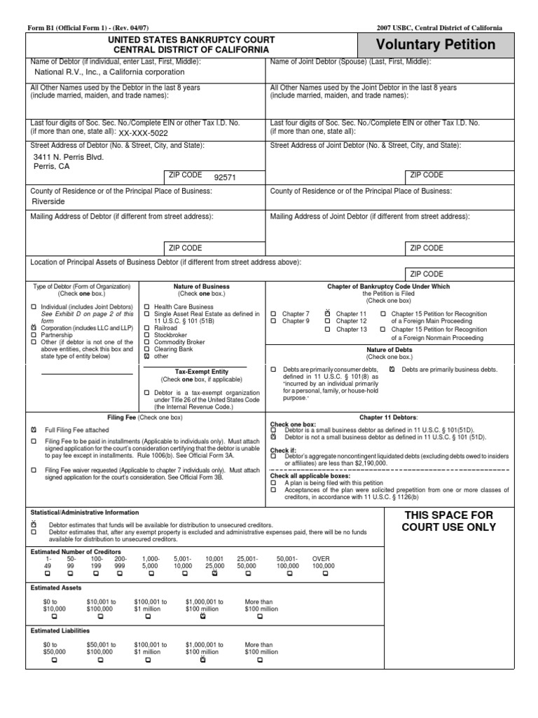 Voluntary Petition: United States Bankruptcy Court Central District of ...