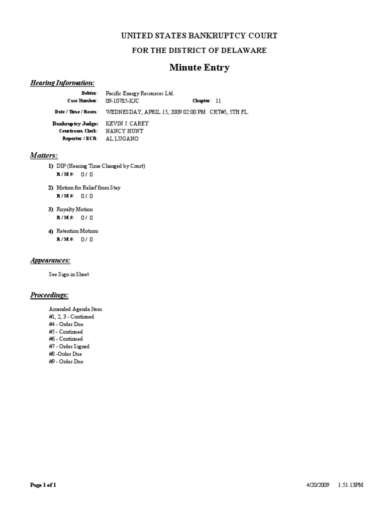 Minute Entry: United States Bankruptcy Court | PDF | Bankruptcy ...