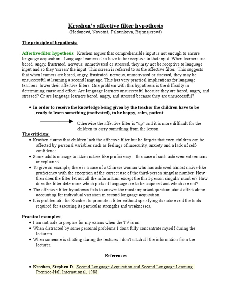 Krashen's Affective Filter Hypothesis Explained | PDF | Second Language ...