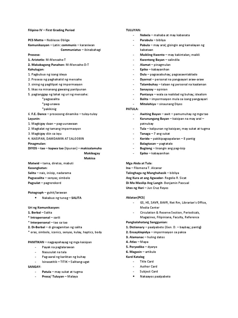 Filipino IV Reviewer First Grading Period | PDF