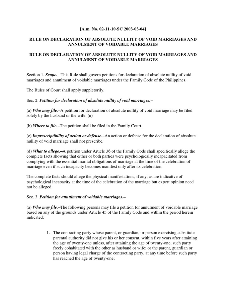 Rule On Declaration of Absolute Nullity of Void Marriages and Annulment of Voidable Marriages ...