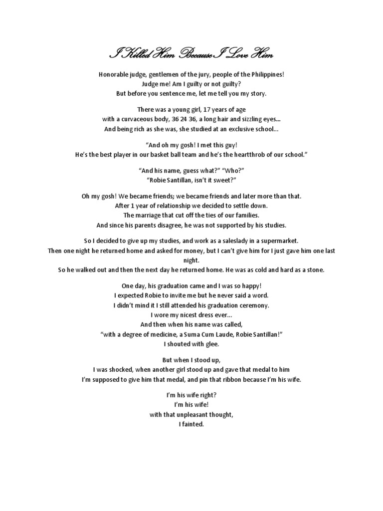 Declamation Piece - I Killed Him Because I Love Him | PDF | Violence