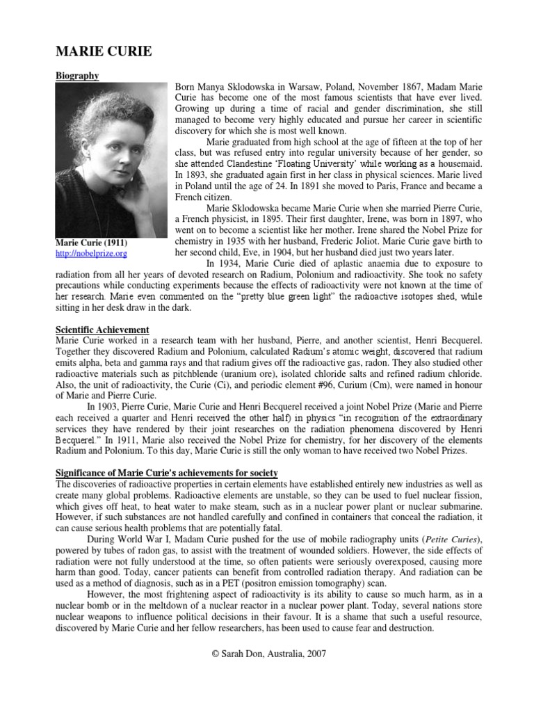 Biography of Marie Curie | Marie Curie | Radioactive Decay | Free 30 ...