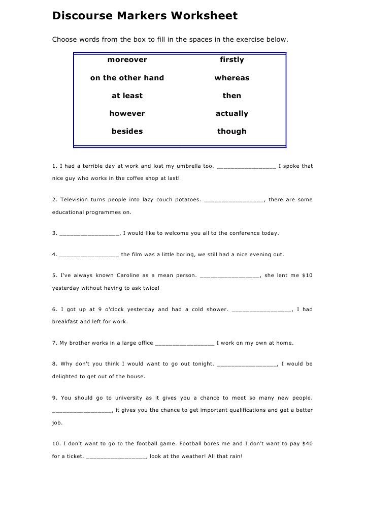 Discourse Markers Worksheet | PDF