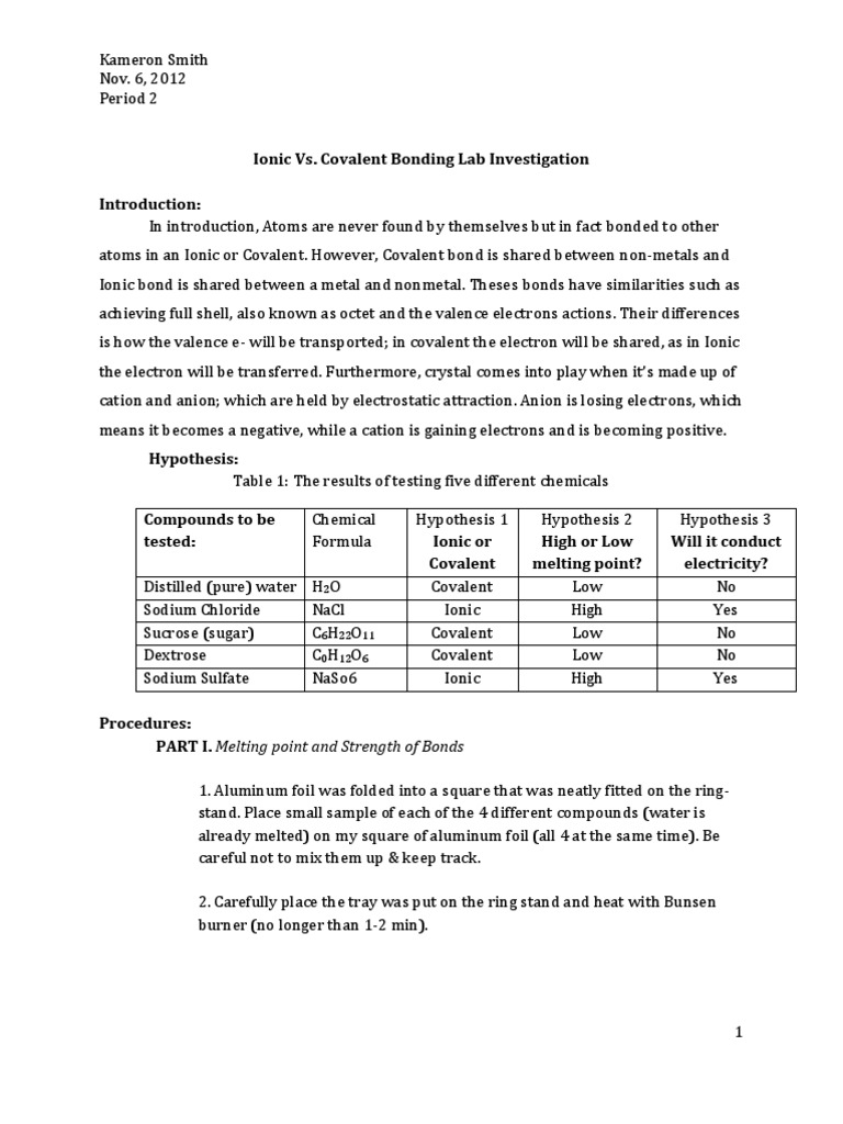Ionic vs. Covalent Bonding Lab Results | PDF | Ionic Bonding | Ion