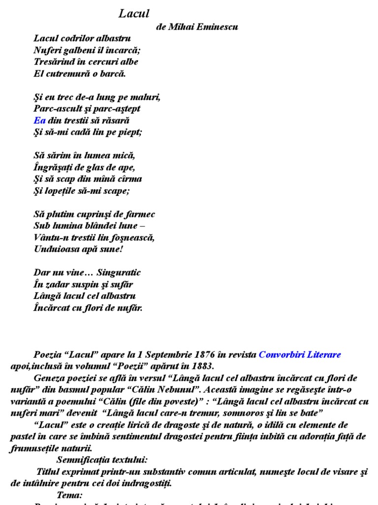 Mihai Eminescu - Lacul | PDF