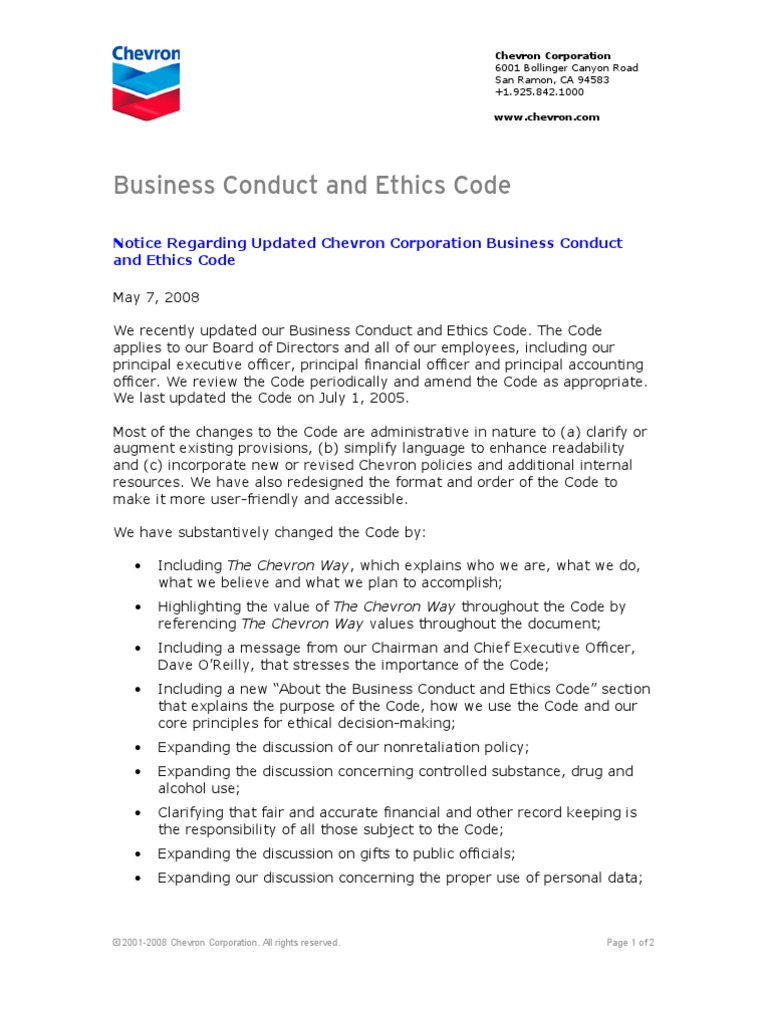 Business Conduct and Ethics - Chevron | PDF | Chevron Corporation ...