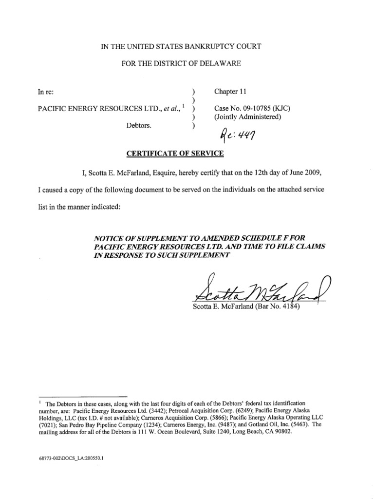 In The United States Bankruptcy Court: Certificate of Service | PDF