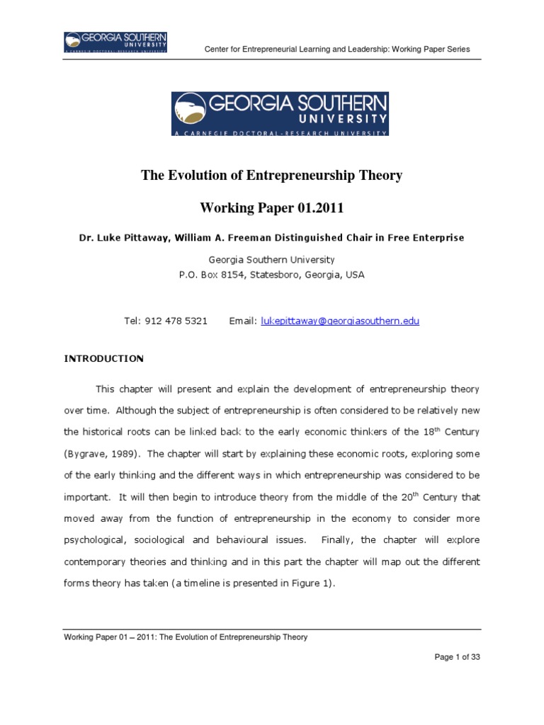 Evolution Of Entrepreneurship Theory Pdf Entrepreneurship