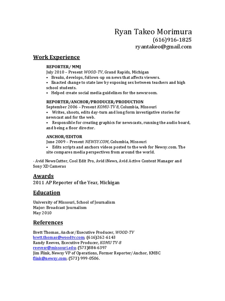 Ryan Morimura: Reporter & Anchor Experience | PDF | Social Science