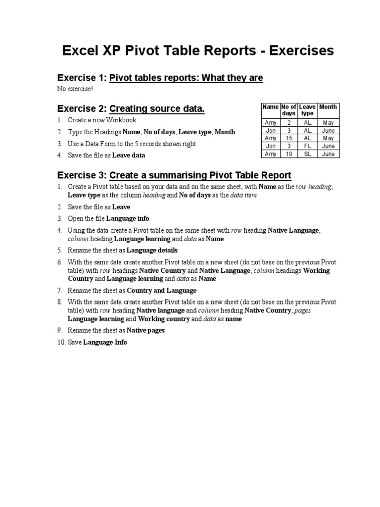Excel XP Pivot Tables Exercises | PDF | Microsoft Excel | Table (Database)