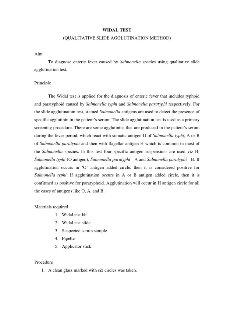Widal Test Procedure for Salmonella Diagnosis | PDF