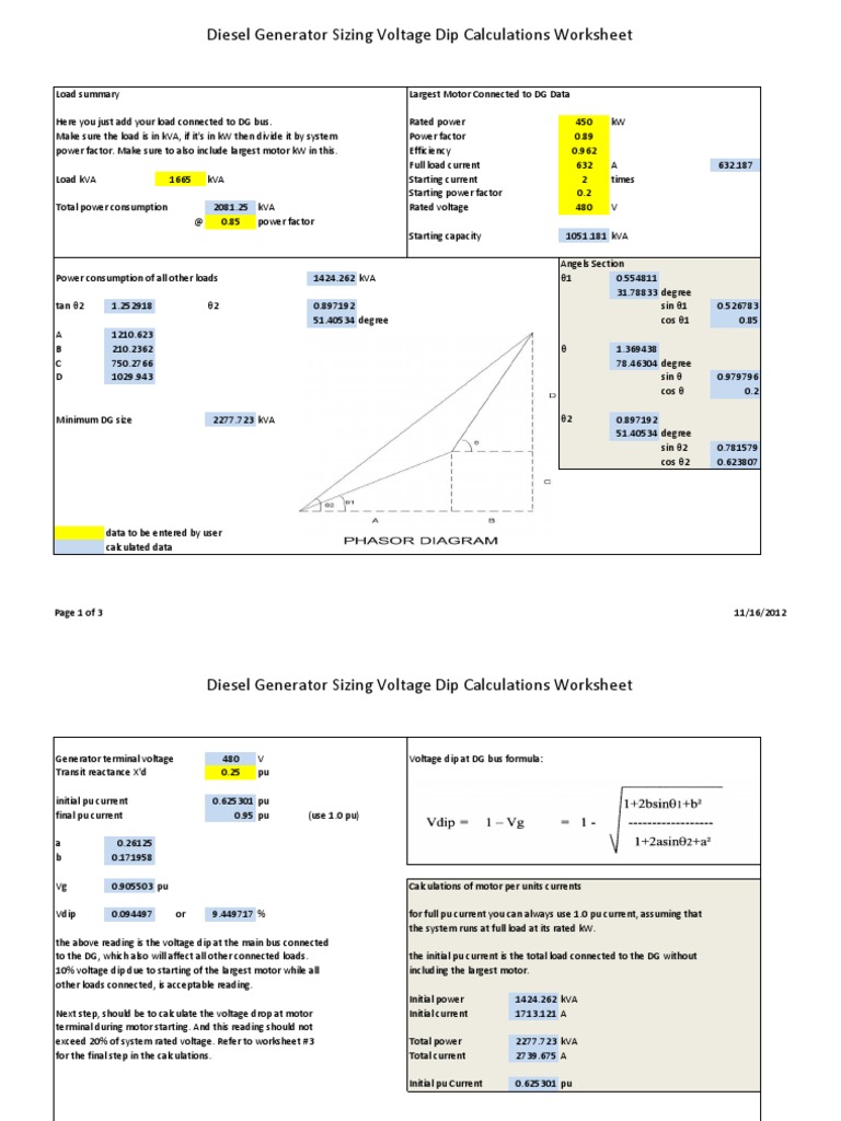 Diesel Generator Sizing Work Sheet | PDF | Voltage | Cable