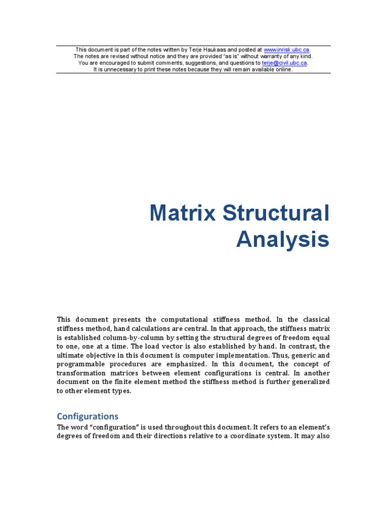 STRUCTURAL ANALYSIS Matrix Structural Analysis Matrix Mathematics