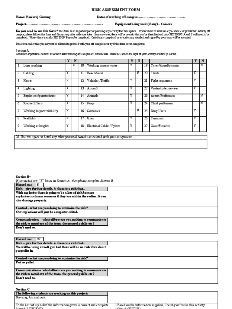 Risk Assess Form | PDF