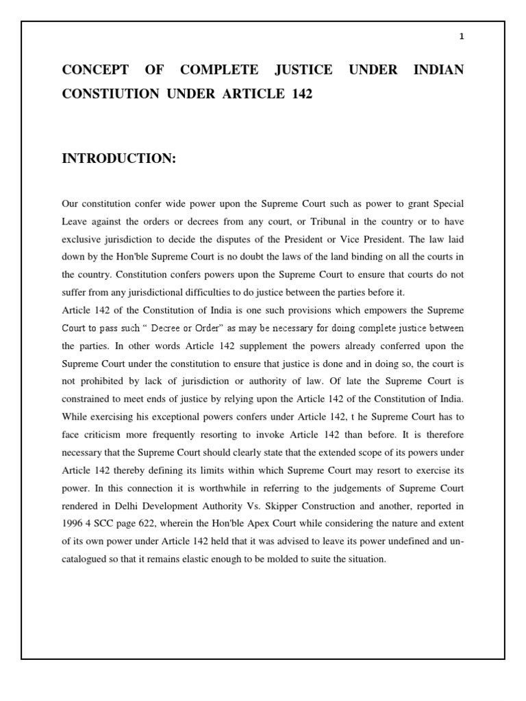 Concept of Complete Justice Under Indian Constiution Under Article 142 | PDF | Supreme Courts ...