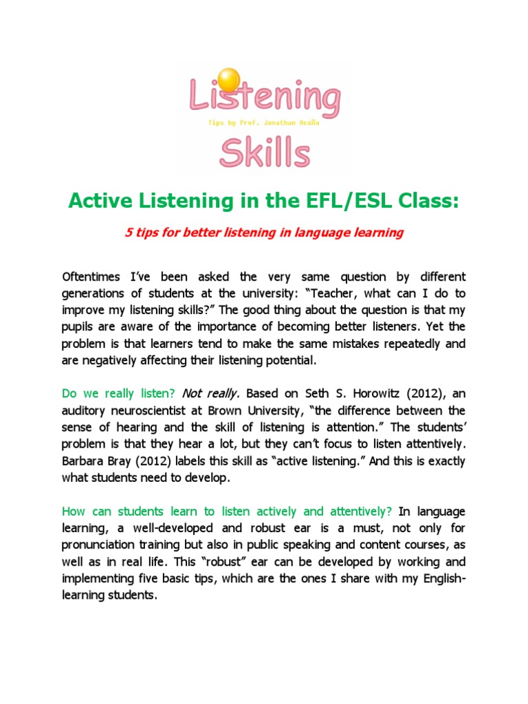Active Listening in The EFL ESL Class | PDF | English As A Second Or ...