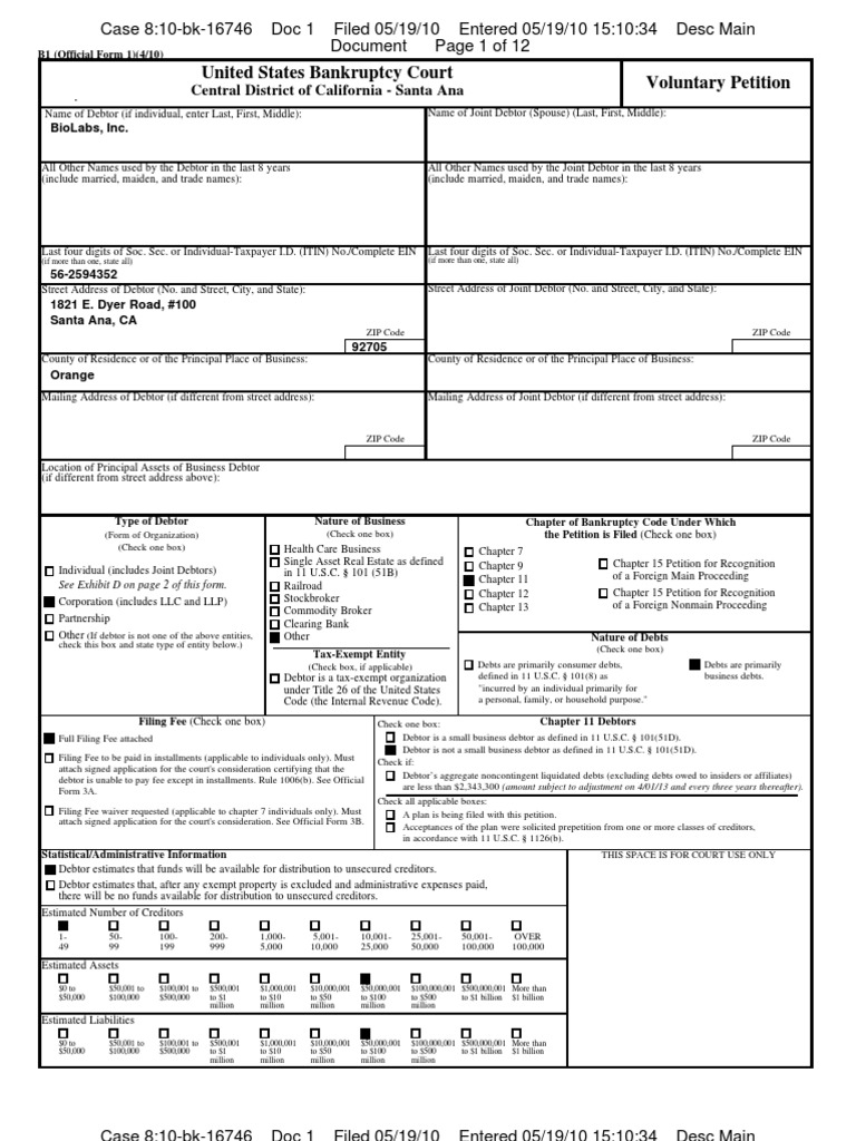 United States Bankruptcy Court Voluntary Petition: Central District of ...